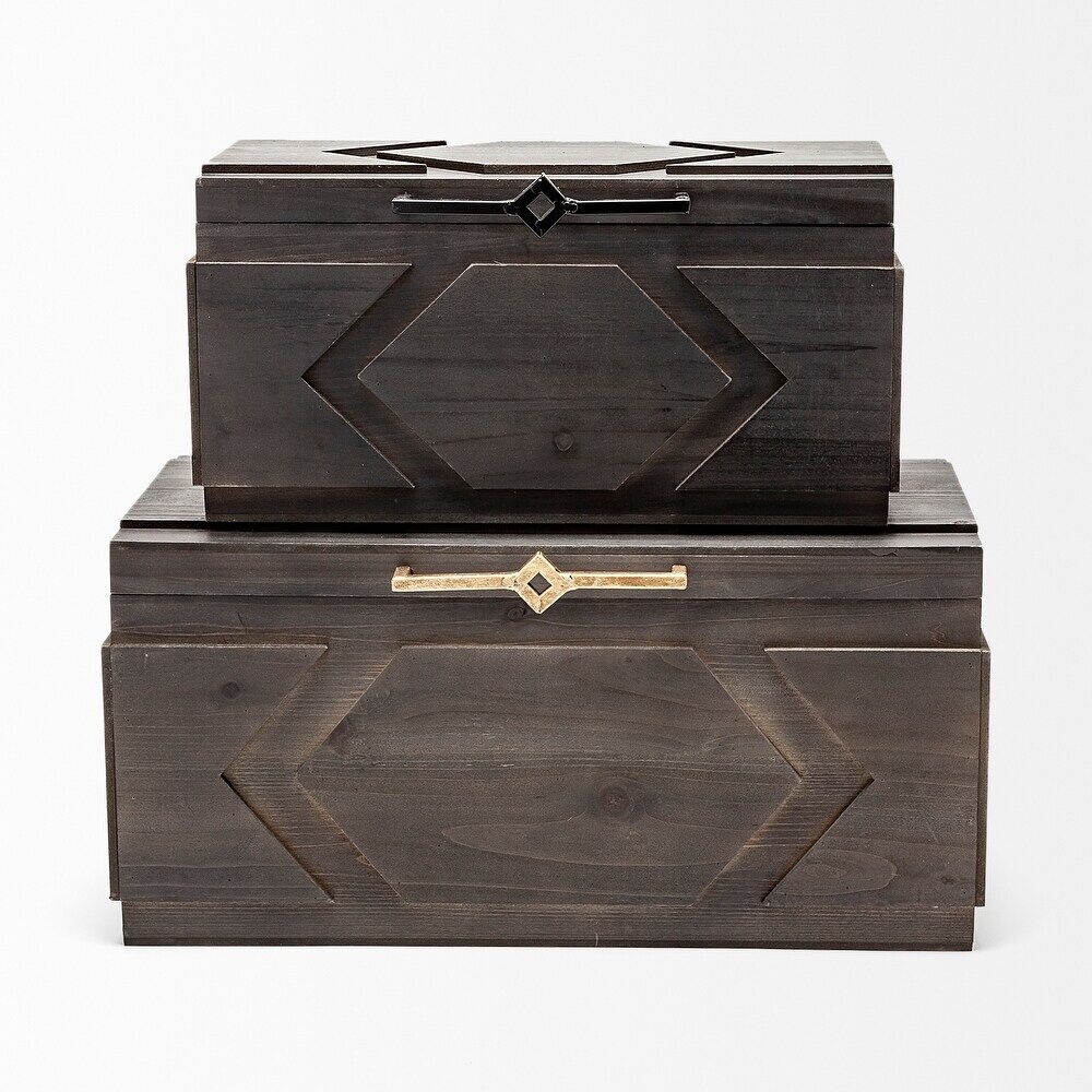 Cassia Set of 2 Dark Stained Wooden Boxes...21Lx11Wx10H 16Lx10Wx8H ...