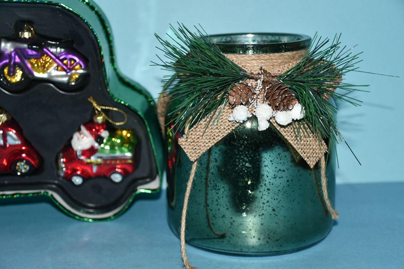 5 CHRISTMAS GLASS ORNAMENTS (SANTA, CARS, TRAIN, MOTORCYCLE) & a ...