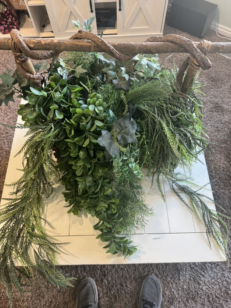 Rustic Wooden Planter Basket w/ Faux Greenery | Plants: Flowers And ...