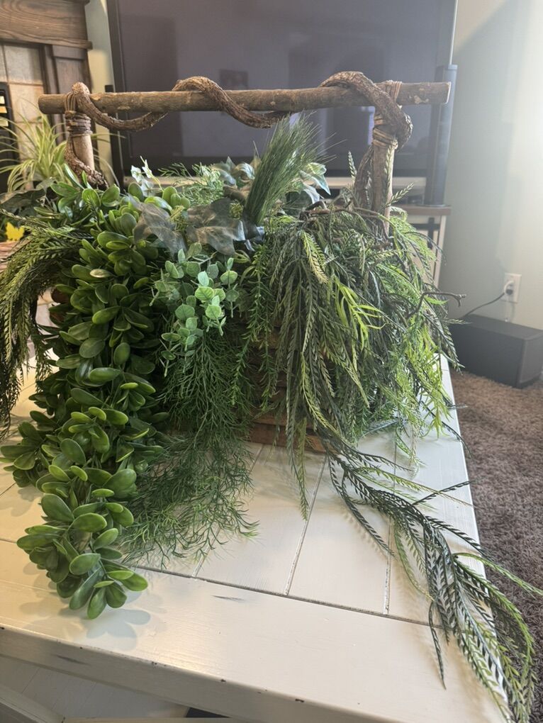 Rustic Wooden Planter Basket w/ Faux Greenery | Plants: Flowers And ...