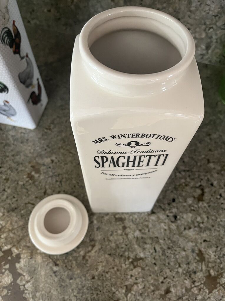 Nice Rooster & Chicken Tin and a Spaghetti Canister/Storage Container ...