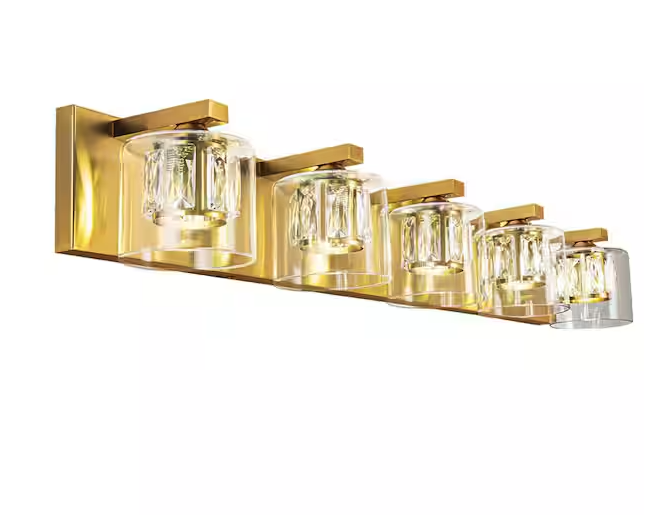 36 in. 5-Light Gold Vanity Light w/ Double Layer Clear Glass & Crystal ...